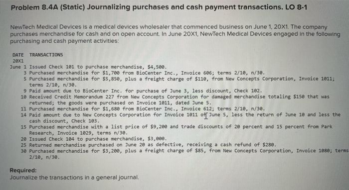 Solved Problem 8.4A (Static) Journalizing purchases and cash | Chegg.com