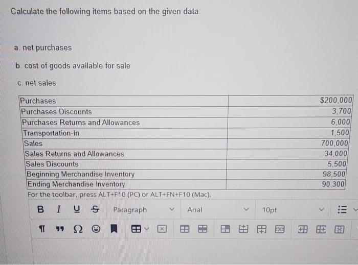 Solved Calculate the following items based on the given | Chegg.com