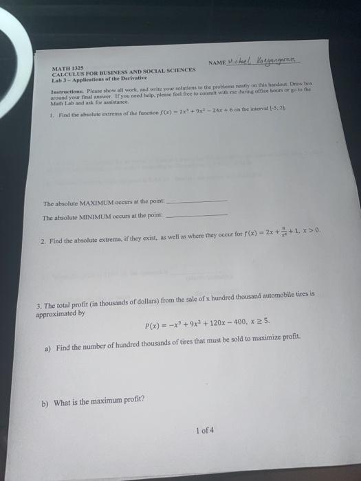 Solved NAME Michael Montnegres MATH 1325 CALCULUS FOR | Chegg.com