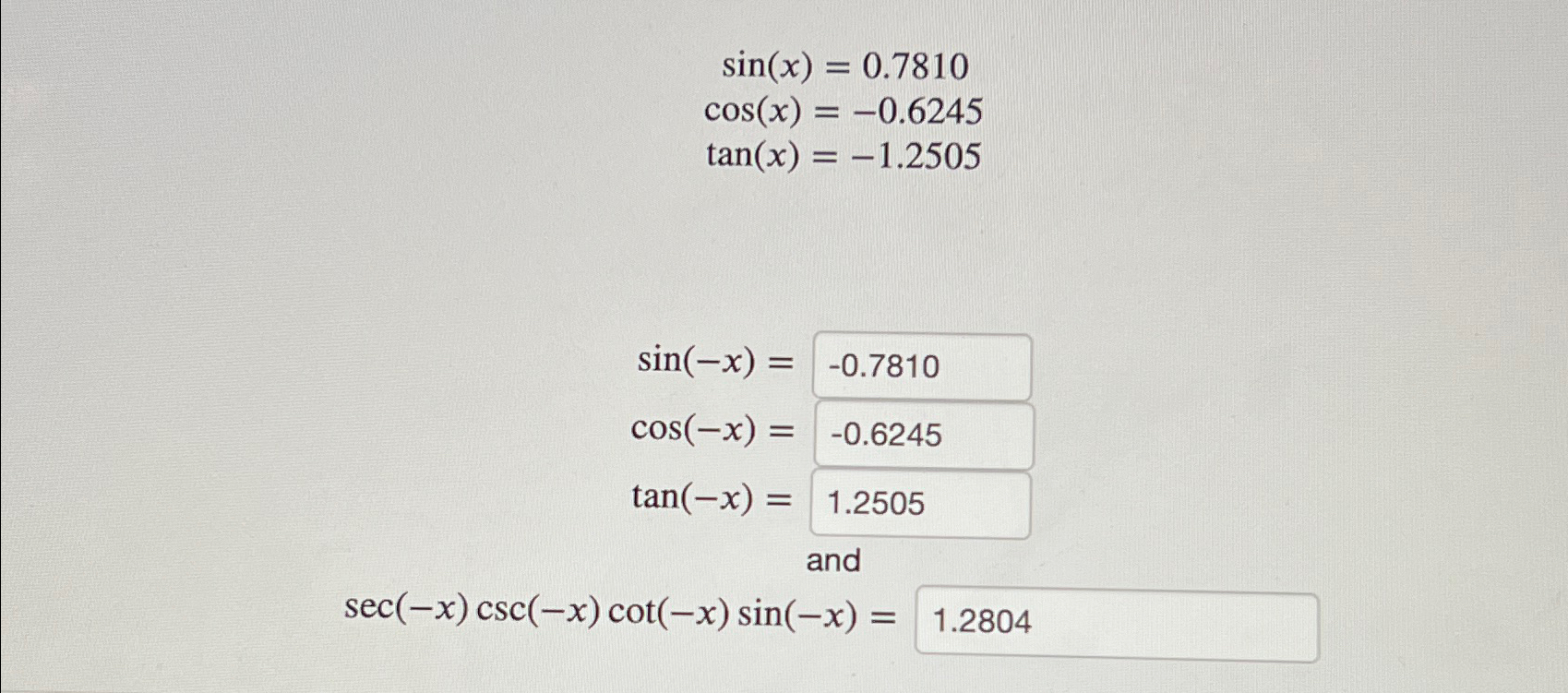 Solved sin(x)=0.7810cos(x)=-0.6245tan(x)=-1.2505sin(-x)=cos( | Chegg.com