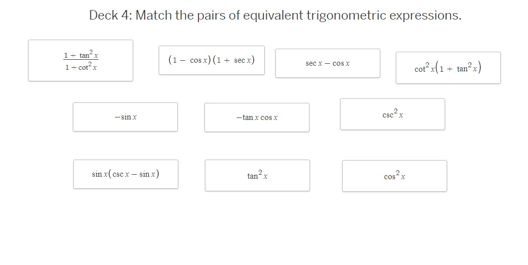 Solved Deck 4: Match the pairs of equivalent trigonometric | Chegg.com