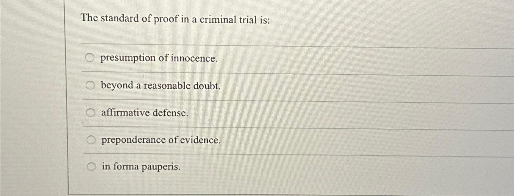 Solved The standard of proof in a criminal trial | Chegg.com