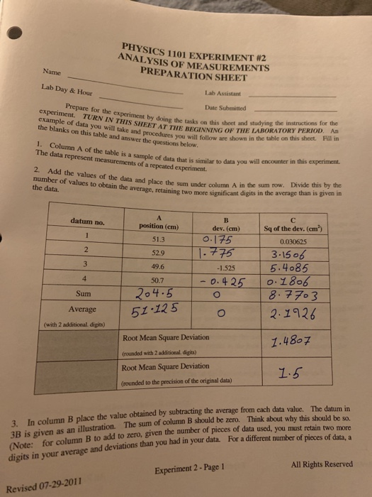 Solved PHYSICS 1101 EXPERIMENT #2 ANALYSIS OF MEASUREMENTS | Chegg.com