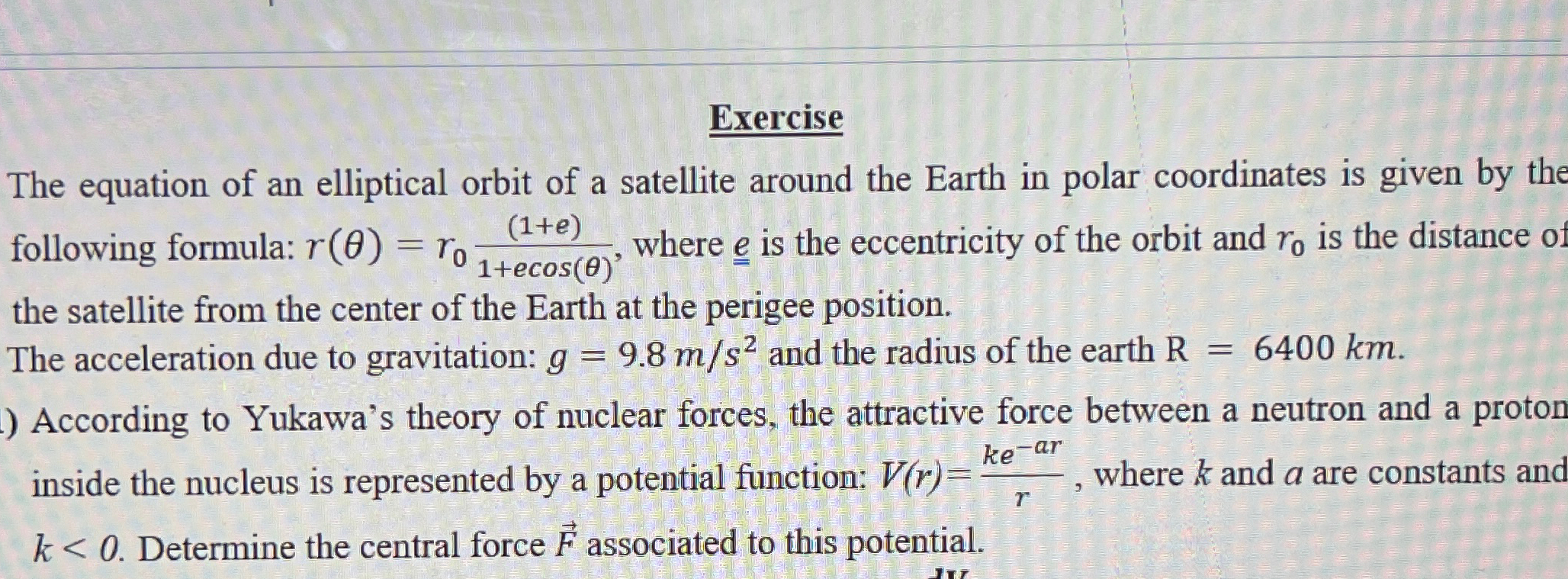 Solved ExerciseThe equation of an elliptical orbit of a | Chegg.com