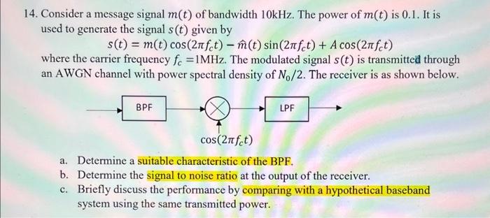 4. Consider a message signal m(t) of bandwidth 10kHz. | Chegg.com