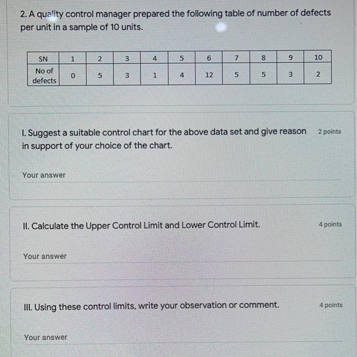 Solved 2. A quality control manager prepared the following | Chegg.com