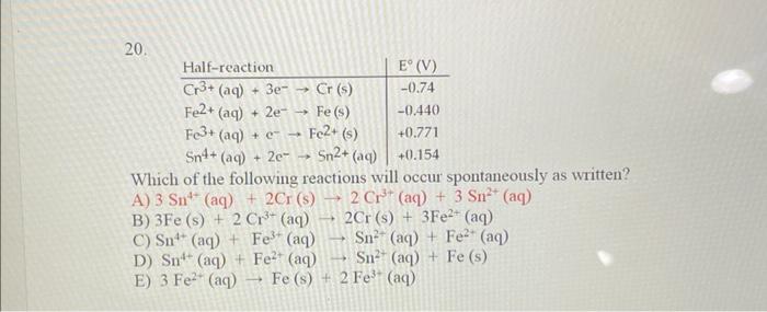 Solved Which Of The Following Reactions Will Occur
