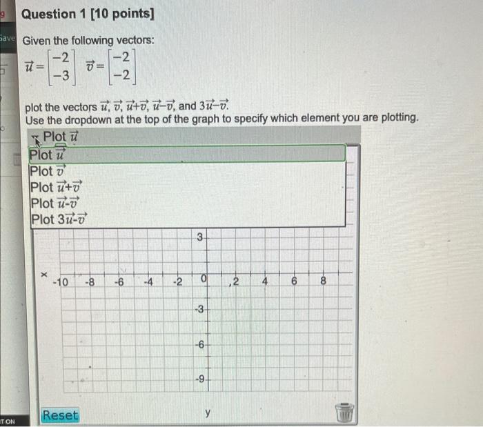 Solved Given the following vectors: u=[−2−3]v=[−2−2] plot | Chegg.com