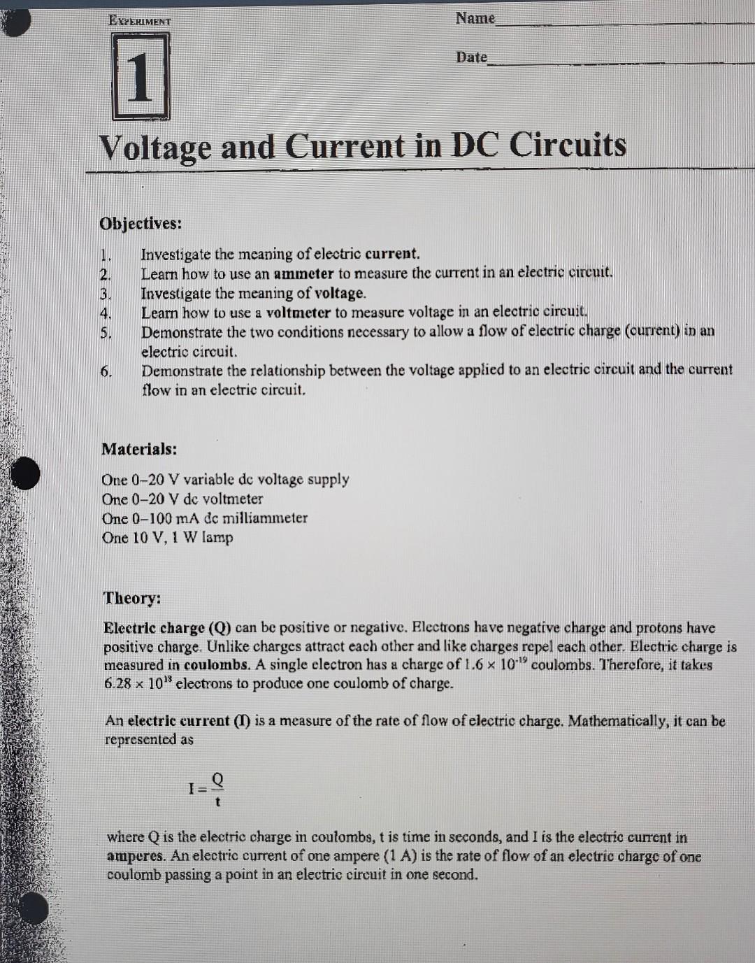 Solved Objectives: 1. Investigate the meaning of electric | Chegg.com