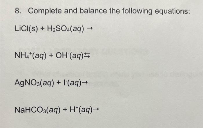 Solved 8. Complete and balance the following equations: | Chegg.com