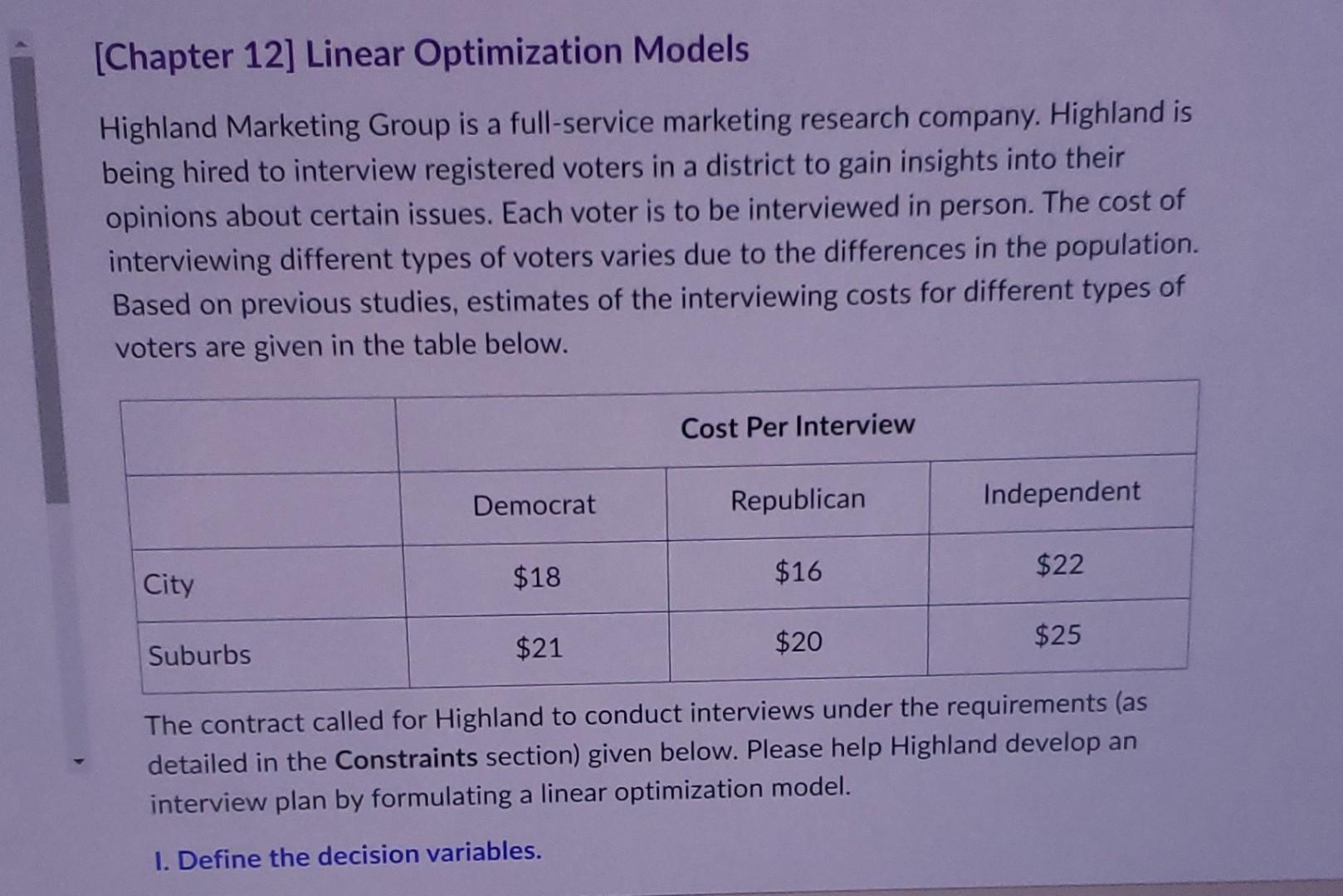 Solved [Chapter 12] Linear Optimization Models Highland | Chegg.com