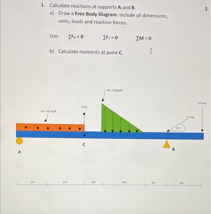 Solved 2. . 1. Calculate reactions at supports A and B. a) | Chegg.com