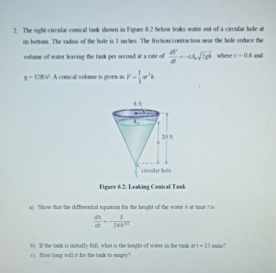Solved 2. The right-circular conical tank shown in Figure | Chegg.com