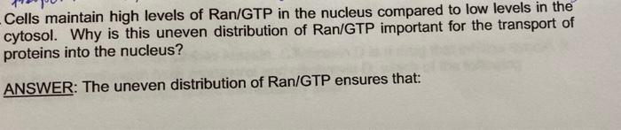 Solved Cells maintain high levels of Ran/GTP in the nucleus | Chegg.com