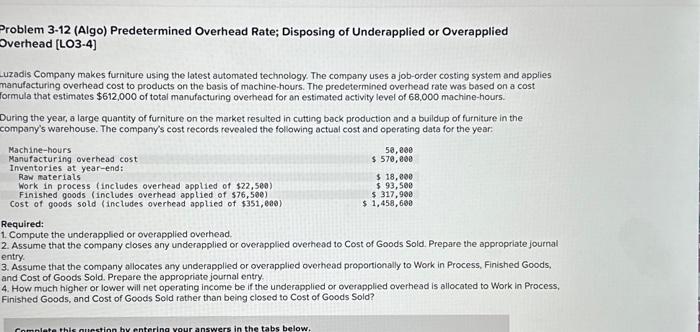Solved Problem 3-12 (Algo) Predetermined Overhead Rate; | Chegg.com