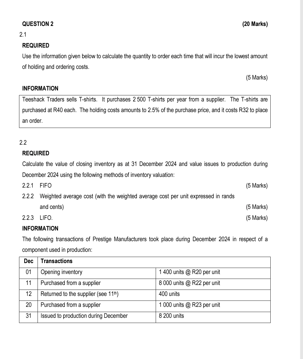Solved QUESTION 2(20 ﻿Marks)2.1REQUIREDUse the information | Chegg.com