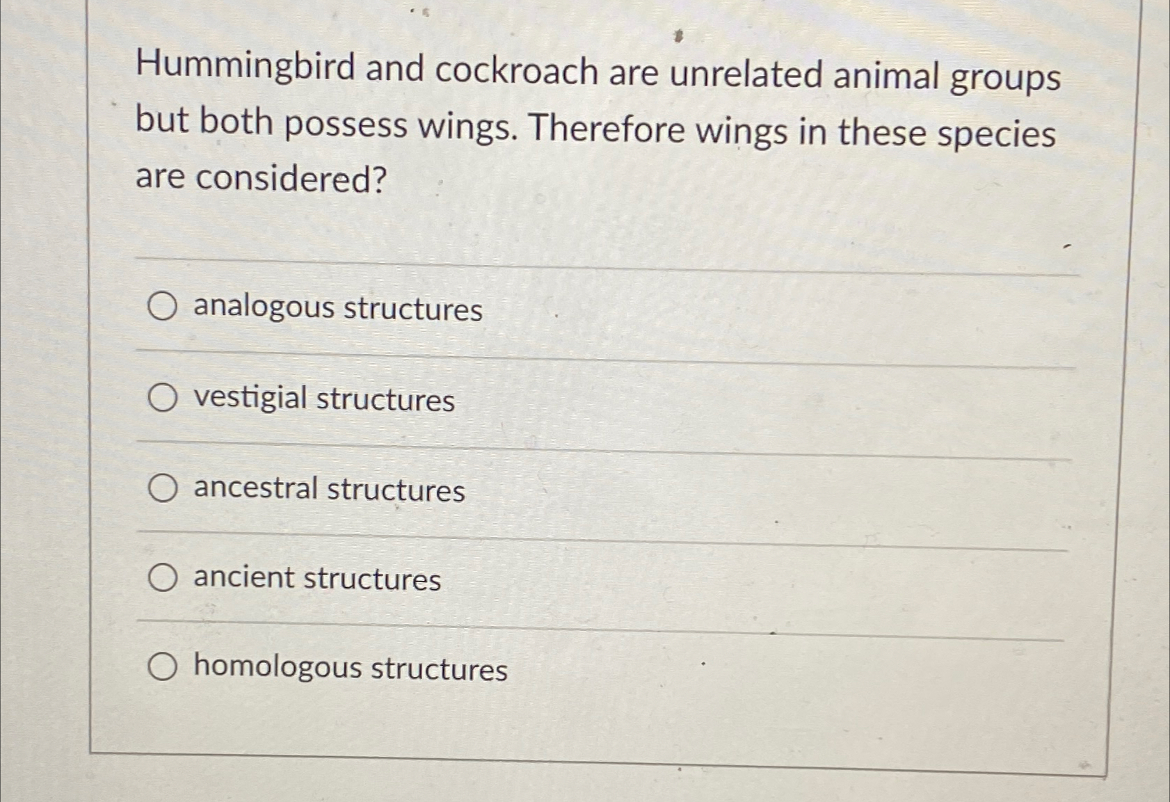 Solved Hummingbird and cockroach are unrelated animal groups | Chegg.com