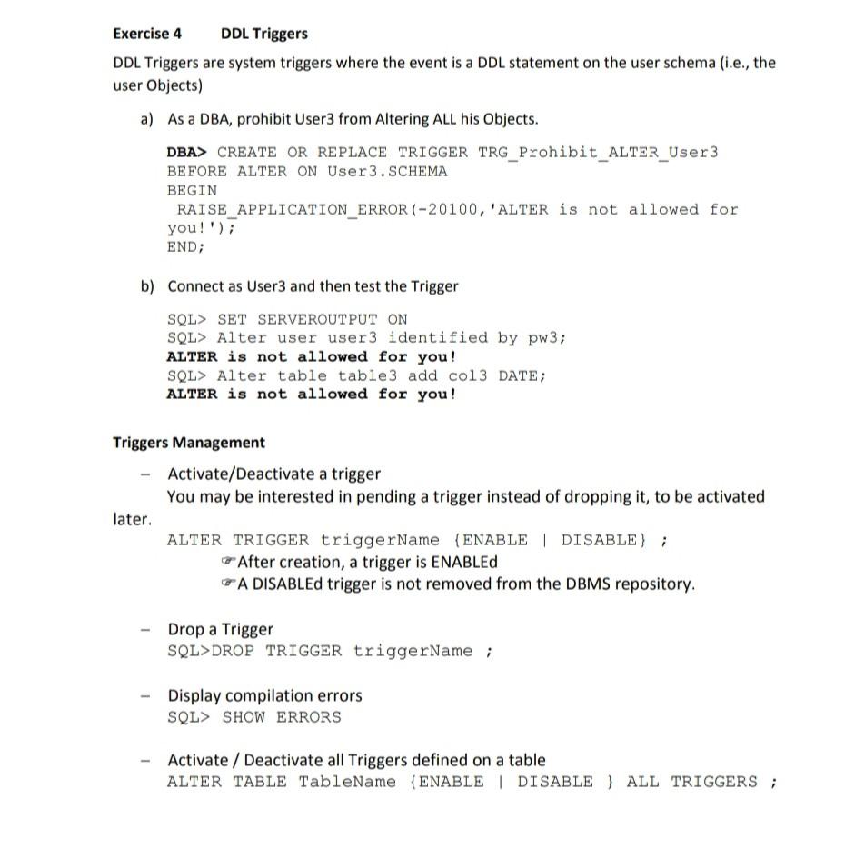 Exercise 4 DDL Triggers DDL Triggers are system | Chegg.com