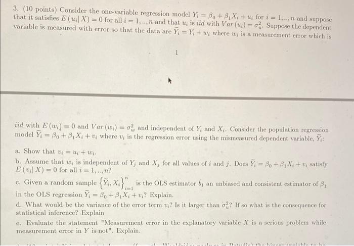 Solved 3. (10 points) Consider the one-variable regression | Chegg.com Solved 3. (10 points) Consider the one-variable regression | Chegg.com