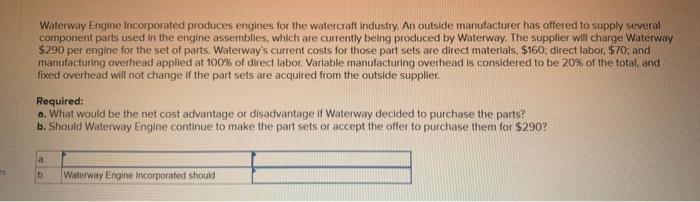 Solved Waterway Engine Incorporated produces engines for the | Chegg.com