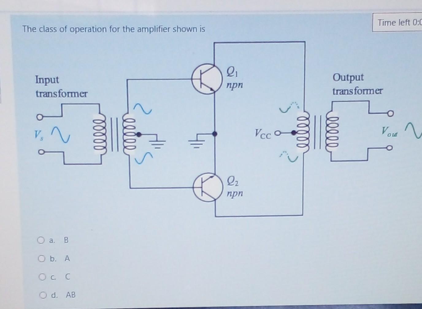Solved The class of operation for the amplifier shown is a. | Chegg.com