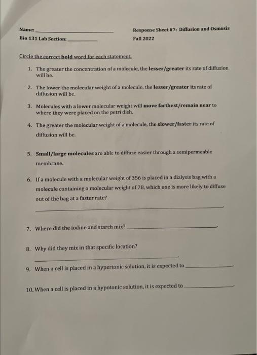 Solved Name: Response Sheet #77: Diffusion and Osmosis Bio | Chegg.com