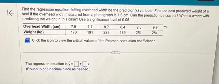 Solved Find the regression equation, letting overhead width | Chegg.com