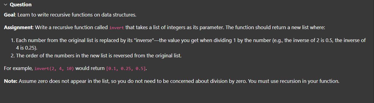 Solved QuestionGoal: Learn to write recursive functions on | Chegg.com