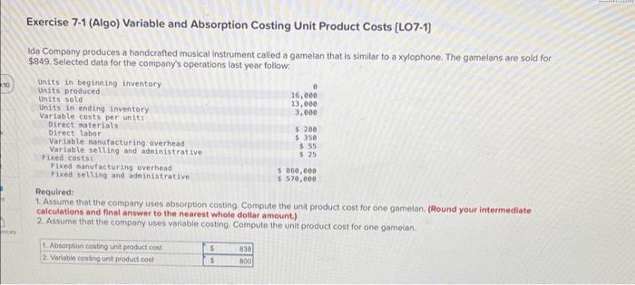 Solved Exercise 7-1 (Algo) Variable and Absorption Costing | Chegg.com