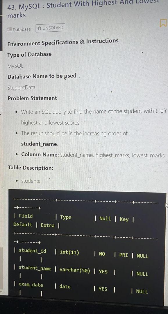 Solved MySQL : Student With Highest And Lowest | Chegg.com
