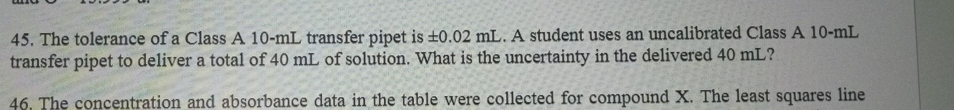 Solved 45. The tolerance of a Class A 10-mL transfer pipet | Chegg.com