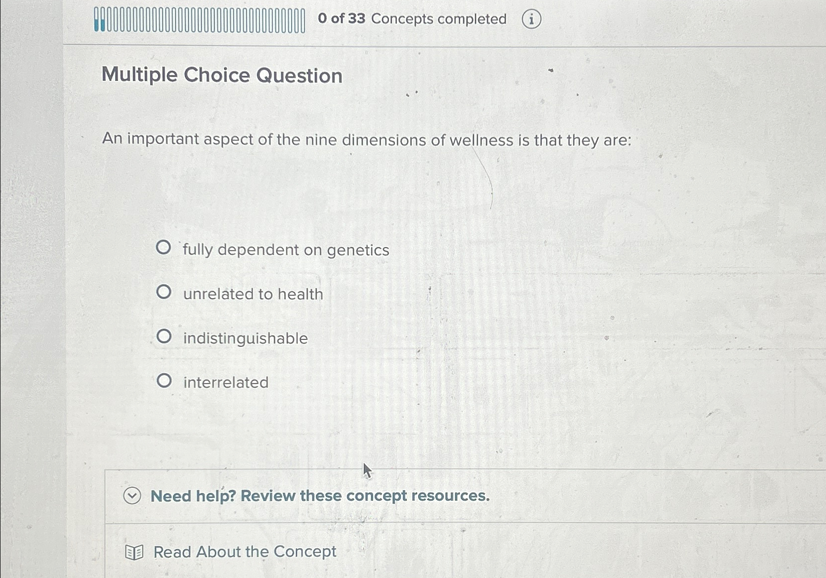 Solved 0 ﻿of 33 ﻿Concepts completedMultiple Choice | Chegg.com