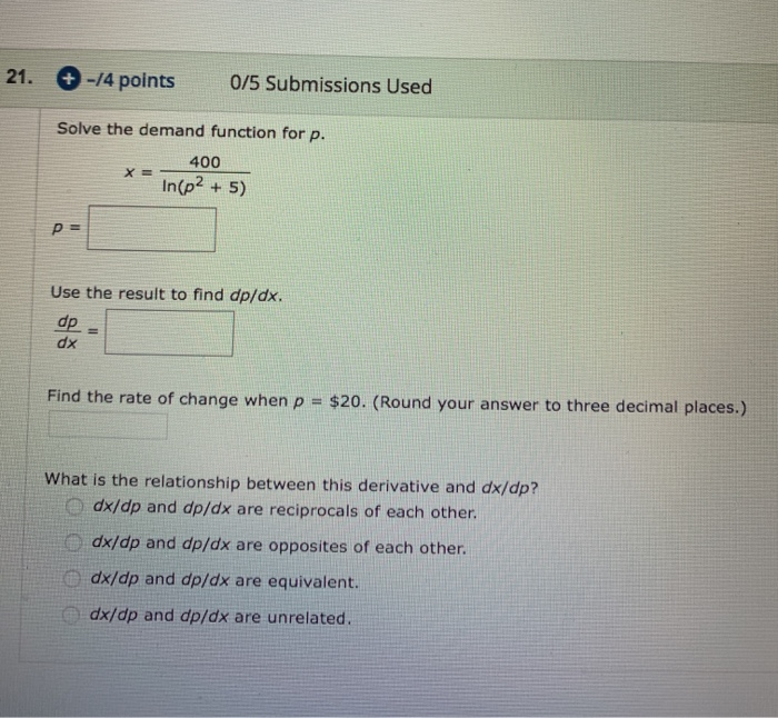 Solved 21. -/4 points 0/5 Submissions Used Solve the demand | Chegg.com