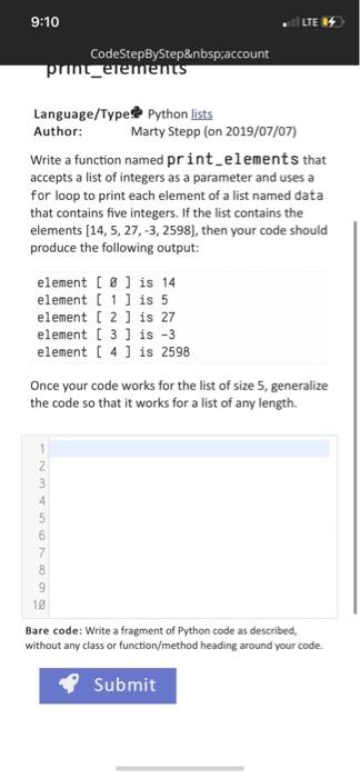 Solved 9:10 LUET} CodeStepByStep account print_erements | Chegg.com
