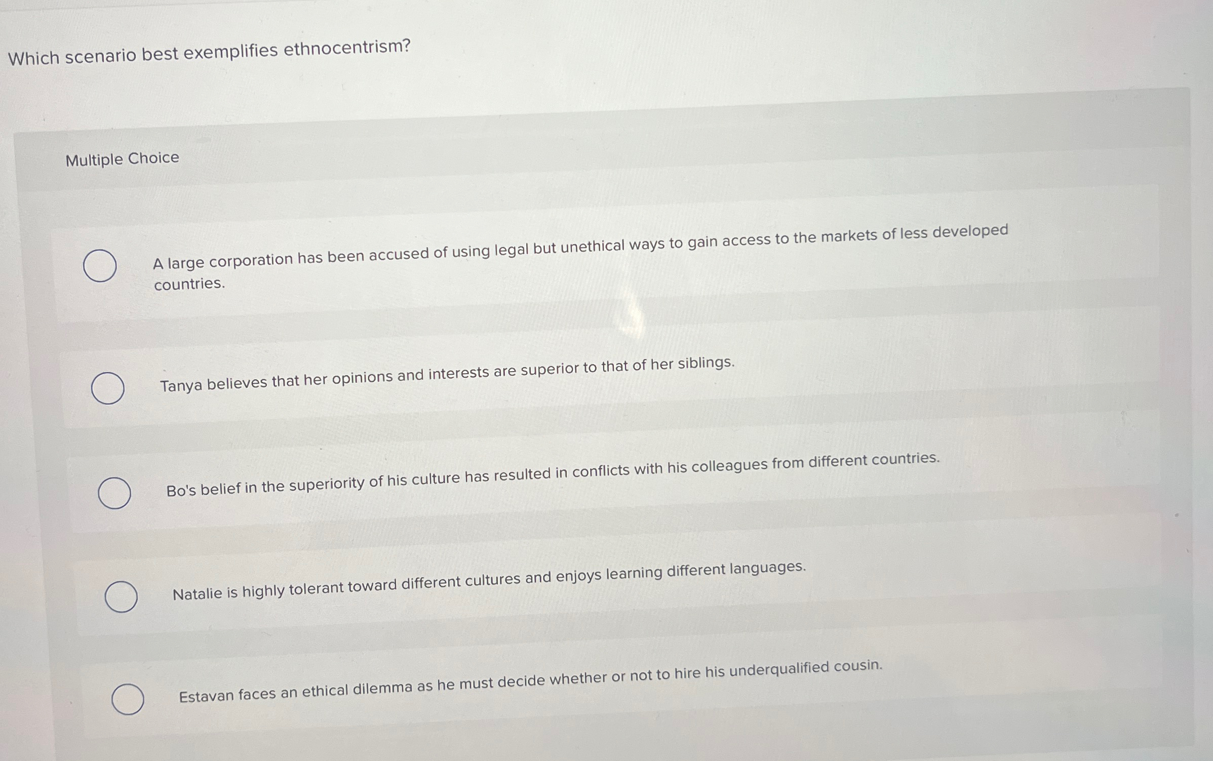 Solved Which scenario best exemplifies | Chegg.com