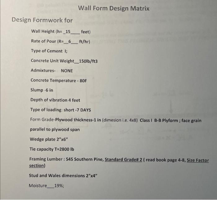 Solved Wall Form Design Matrix Design Formwork for Wall | Chegg.com