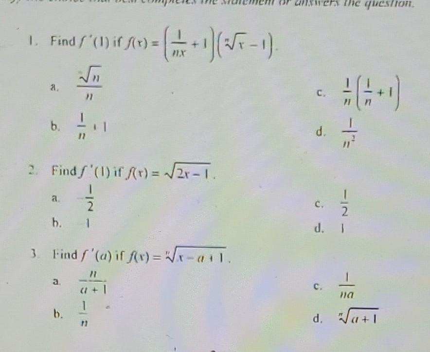 Solved 1. Find f′(1) if f(x)=(nx1+1)(nx−1). भ. nn c. | Chegg.com