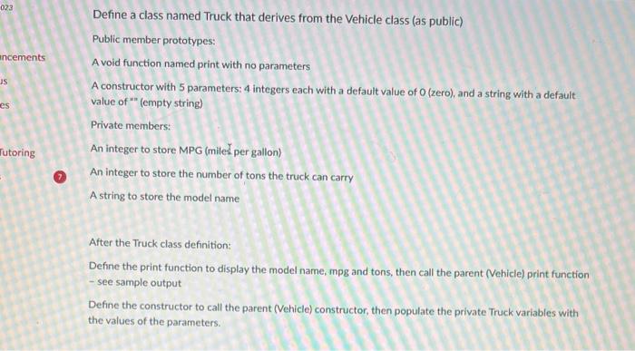 Solved Define a class named Vehicle Public member | Chegg.com