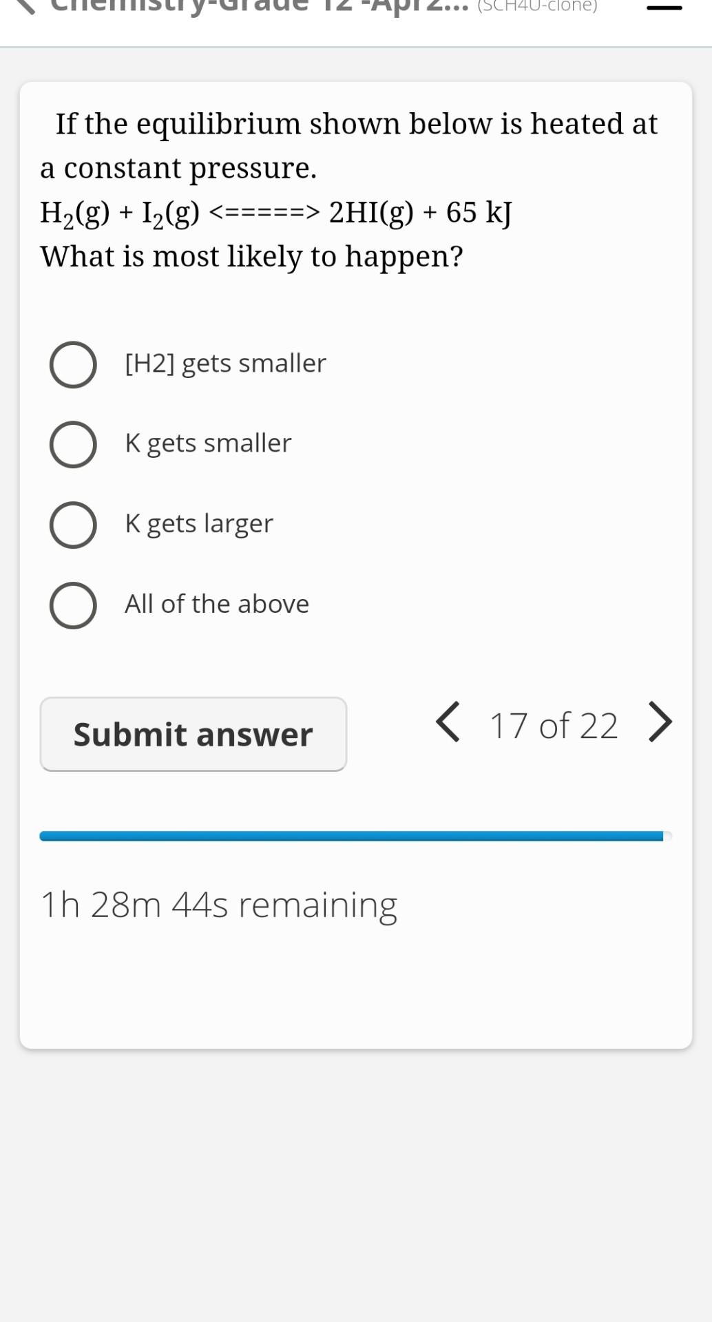 Solved ... (SCH4U-clone) If the equilibrium shown below is | Chegg.com