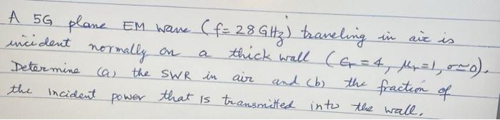 Solved A 5G plane EM wave (f= 28 GHz) traveling in air is | Chegg.com