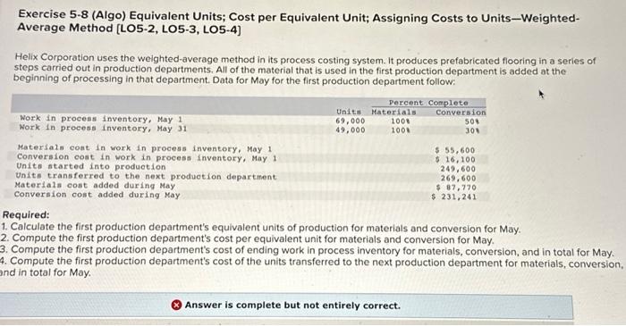 Solved Exercise 5-8 (Algo) Equivalent Units; Cost per | Chegg.com