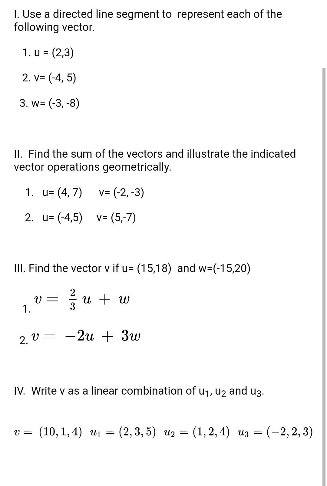 Solved 1. Use a directed line segment to represent each of | Chegg.com