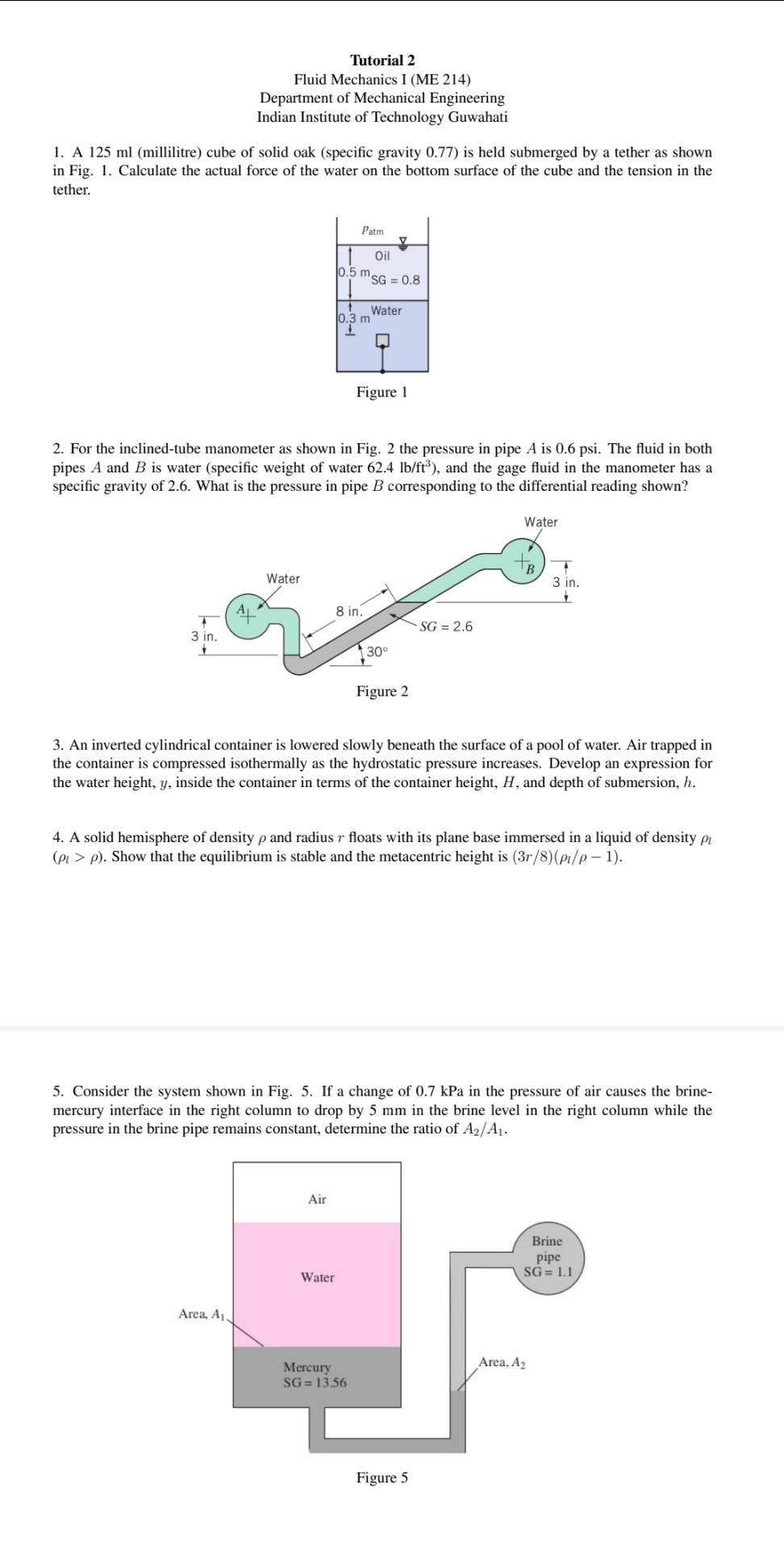 Solved Tutorial 2 Fluid Mechanics I (ME 214) Department of | Chegg.com