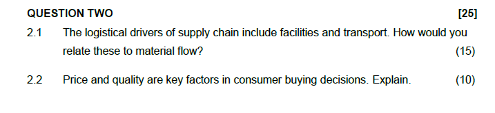 Solved QUESTION TWO2.1 ﻿The logistical drivers of supply | Chegg.com