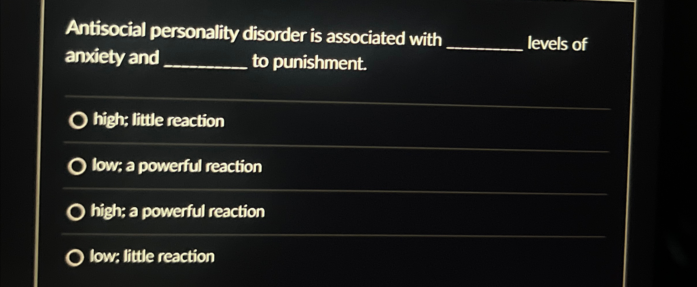 Solved Antisocial personality disorder is associated with q, | Chegg.com
