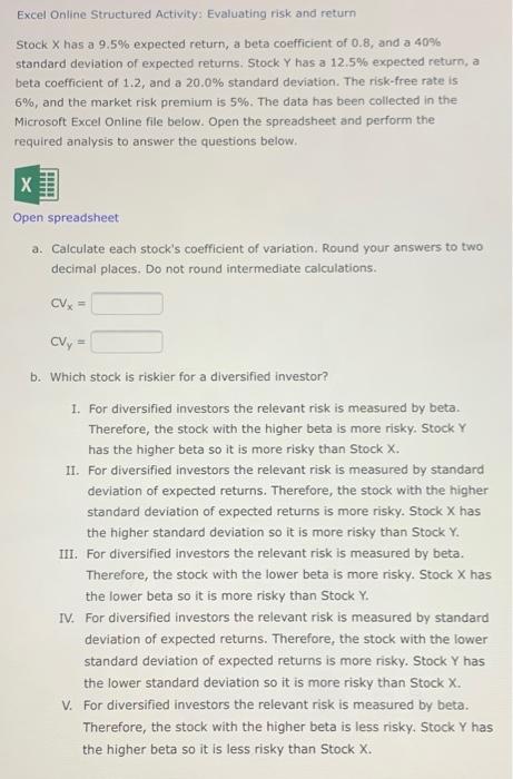 Solved Excel Online Structured Activity: Evaluating risk and | Chegg.com
