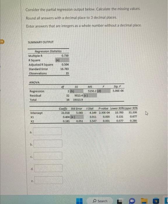 Solved Consider the partial regression output below. | Chegg.com