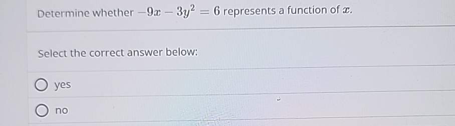 Solved Determine whether -9x-3y2=6 ﻿represents a function of | Chegg.com