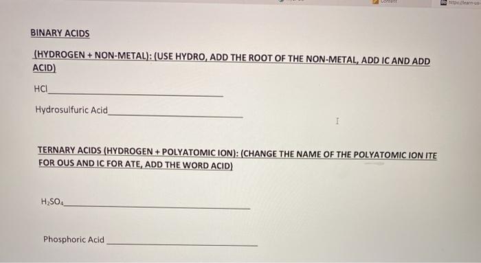 Solved BINARY ACIDS (HYDROGEN + NON-METAL): (USE HYDRO, ADD | Chegg.com