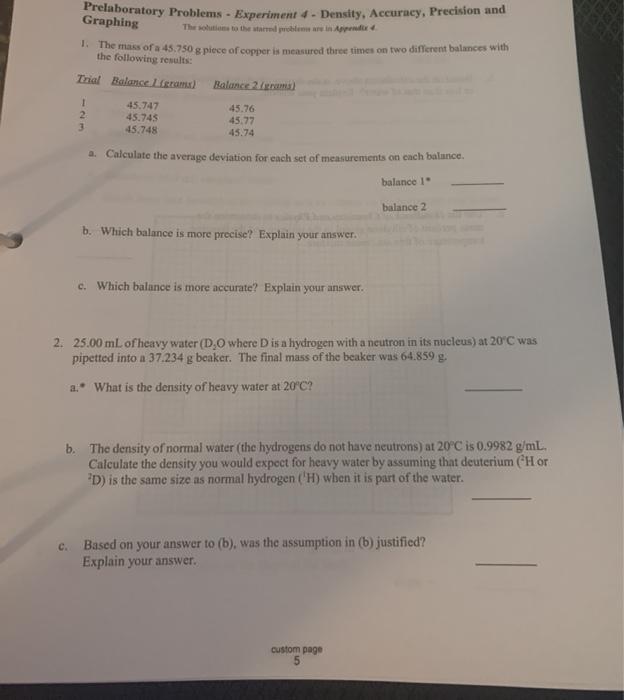 Solved Prelaboratory Problems - Experiment 4 - Density. | Chegg.com